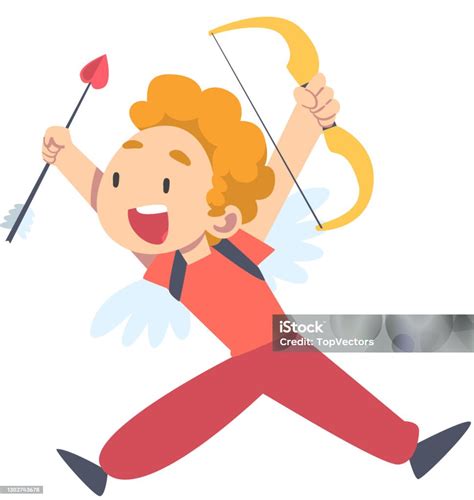 날개와 행복 재미 큐피드 소년 즐거운 아이 천사 옷을 입고 빨간 옷 데 재미 와 활 만화 스타일 벡터 일러스트 귀여운에 대한 스톡 벡터 아트 및 기타 이미지 Istock
