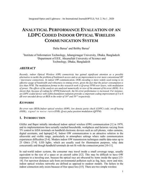 Analytical Performance Evaluation Of An Ldpc Coded Indoor Optical Wireless Communication System