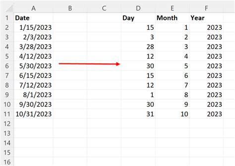 excel how to split date into day month and year