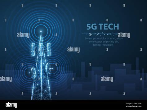 Abstract Antenna Mast On Blue Cityscape Background 5g Technology