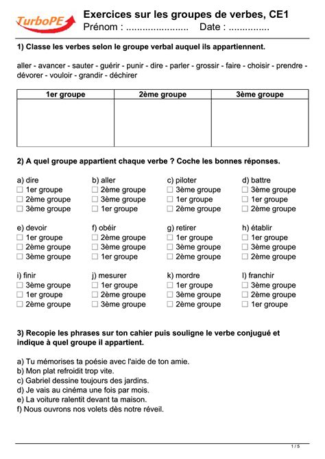Exercice De Verbe En Français Pour Les élèves