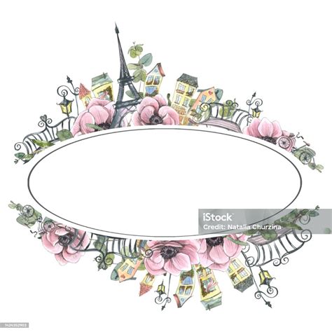 에펠 탑 귀여운 집 말미잘의 꽃이있는 타원형 프레임 그래픽 요소가 있는 스케치 스타일의 수채화 그림입니다 큰 파리 세트의 보드