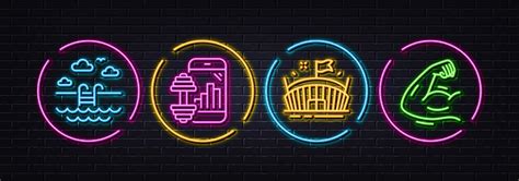 피트니스 앱 수영장 및 아레나 최소 라인 아이콘 웹 응용 프로그램의 경우 인쇄 네온 레이저 3d 조명 벡터 Championship에 대한 스톡 벡터 아트 및 기타 이미지