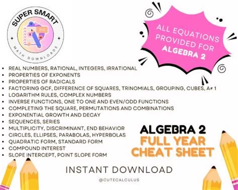 Algebra 2 Essential Cheat Sheet Printable Math Equation Guide Instant Download High School