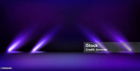 무대와 빛나는 프로젝터가 있는 텅 빈 내부 3d 벡터 그림 상에 대한 스톡 벡터 아트 및 기타 이미지 상 보라색 레이저
