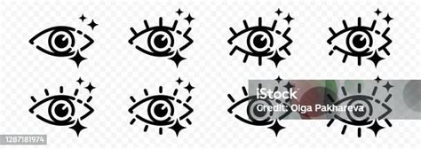 플랫 리니어 디자인 반짝이는 별이 있는 아이 아이콘 순수한 빛나는 모습 투명 한 배경에 격리 된 등고선 요소 집합입니다 벡터 그림입니다 감각 지각에 대한 스톡 벡터 아트 및