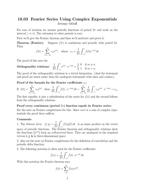 1803 Fourier Series Using Complex Exponentials Jeremy Orloff Pdf