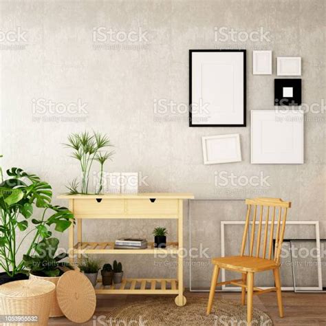 거실 또는 리셉션 등나무 안락의 자 식물 나무 바닥 및 콘크리트 배경 캐비닛을 위한 인테리어 디자인 3d 그림 3 차원 렌더링 거실에 대한 스톡 사진 및 기타 이미지