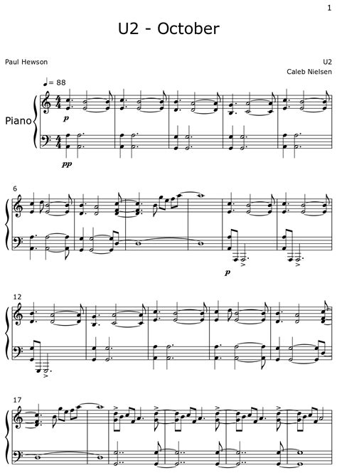 U2 October Sheet Music For Piano