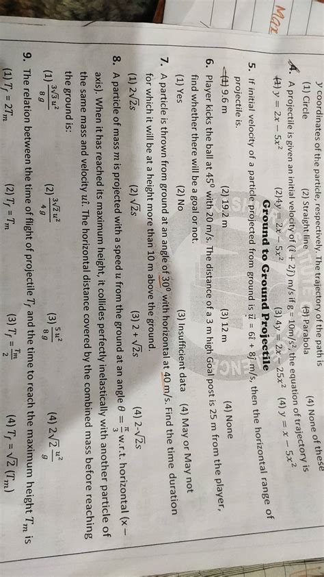 If Initial Velocity Of A Particle Projected From Ground Is U M S