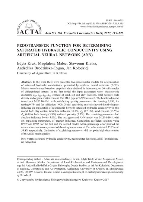 Pdf Pedotransfer Function For Determining Saturated Hydraulic Conductivity Using Artificial