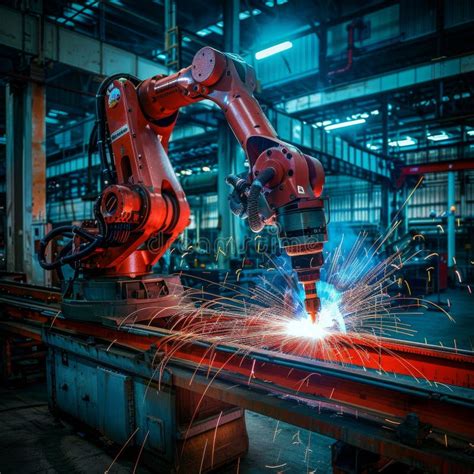 Industrial Welding Robots Futuristic Machines In Production Line Manufacturer Factory Welding