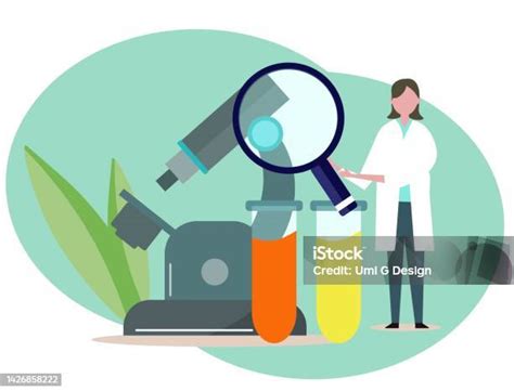 실험실에서 일하는 여성 화학 연구 현미경 및 비이커 흰 코트를 입은 학생 벡터 일러스트 레이 션 개발에 대한 스톡 벡터 아트 및 기타 이미지 Istock