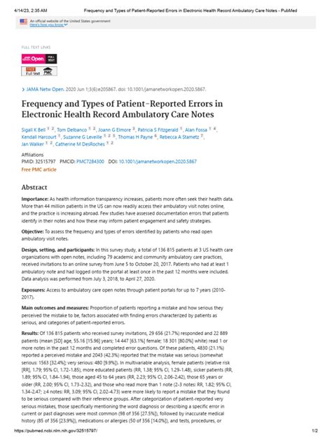 Frequency And Types Of Patient Reported Errors In Electronic Health Record Ambulatory Care Notes