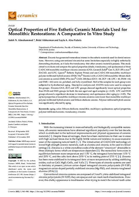 Pdf Optical Properties Of Five Esthetic Ceramic Materials Used For Monolithic Restorations A