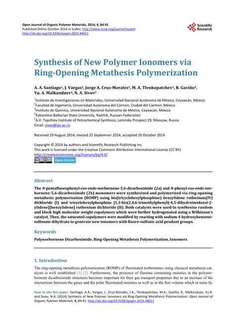 Pdf Synthesis Of New Polymer Ionomers Via Ring Opening Metathesis Polymerization