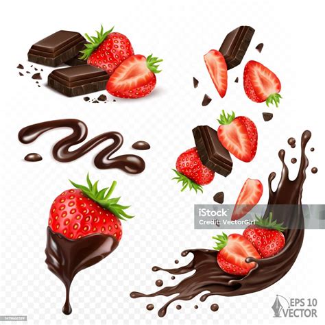 맛있는 초콜릿 소스에 신선한 딸기를 곁들입니다 익은 열매는 초코 스플래쉬에 떨어집니다 흰색 배경에 고립 된 3d 사실적인 벡터 일러스트 레이 션 초콜릿에 대한 스톡 벡터