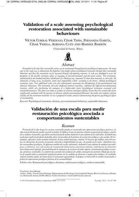 Pdf Validation Of A Scale Assessing Psychological Restoration Associated With Sustainable