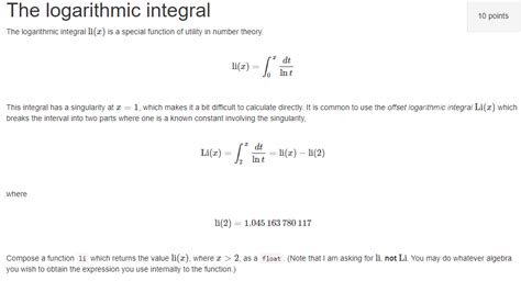 The Logarithmic Integral 10 Points The Logarithmic