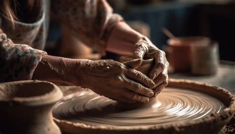 Premium Ai Image Craftsperson Skillfully Turning Wet Clay On Pottery Wheel Creating Vase
