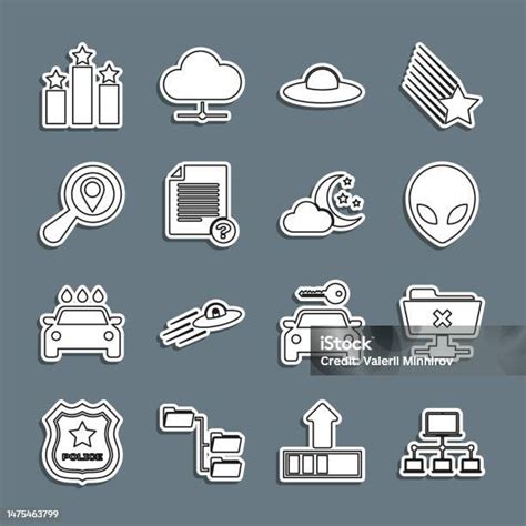 설정 라인 컴퓨터 네트워크 Ftp 취소 작업 외계인 Ufo 비행 우주선 알 수없는 문서 검색 위치 순위 별 및 달과 별 아이콘이있는 구름 벡터 건강관리와 의술에 대한 스톡