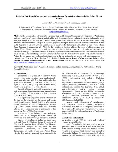 Pdf Biological Activities Of Characterized Isolates Of N Hexane