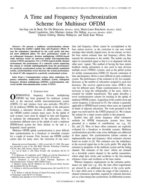 A Time And Frequency Synchronization Scheme For Multiuser Ofdm Pdf Orthogonal Frequency
