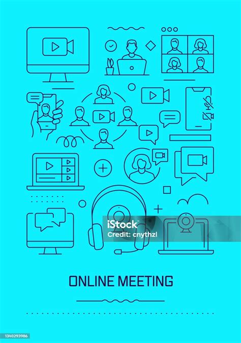 온라인 회의 관련 현대 라인 디자인 브로셔 포스터 전단지 프리젠 테이션 템플릿 벡터 일러스트 디지털 화면에 대한 스톡 벡터 아트 및 기타 이미지 Istock