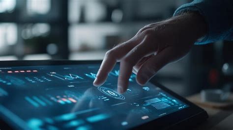 A Person Interacts With A Futuristic Touchscreen Display Showcasing Data Analytics In A Modern