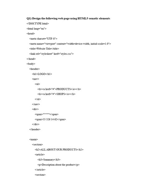 Q1 Design The Following Web Page Using Html5 Sematic Elements Pdf