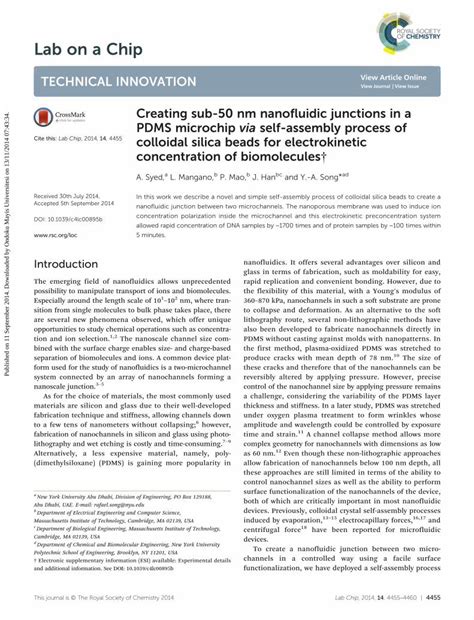 Pdf Creating Sub 50 Nm Nanofluidic Junctions In A Pdms Microchip Via