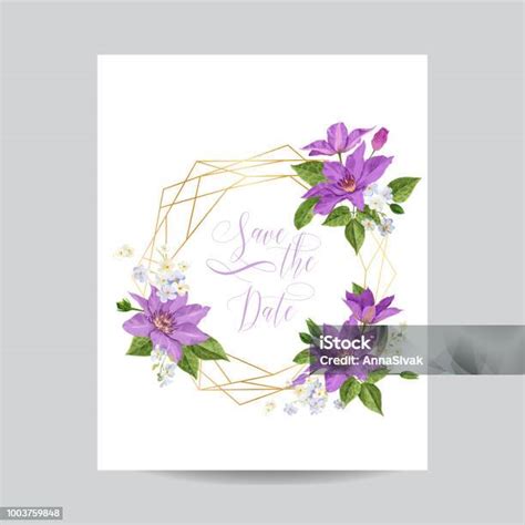 클레 마티스 꽃과 골든 프레임 웨딩 초대장 템플릿 열 대 꽃 엽서 생일 기념일 인사말에 대 한 날짜 카드 이국적인 꽃 로맨틱 디자인을 저장 합니다 벡터 일러스트 레이 션