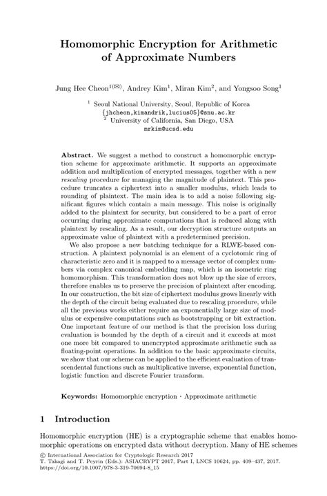 Pdf Homomorphic Encryption For Arithmetic Of Approximate Numbers