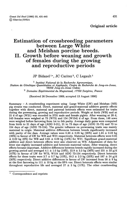 Pdf Estimation Of Crossbreeding Parameters Between Large White And