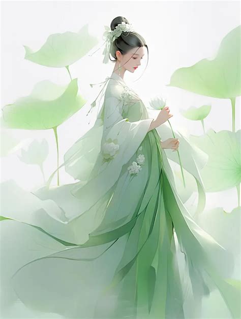 Ai绘画 I 中国风水墨丹青 荷叶女孩 花瓣网