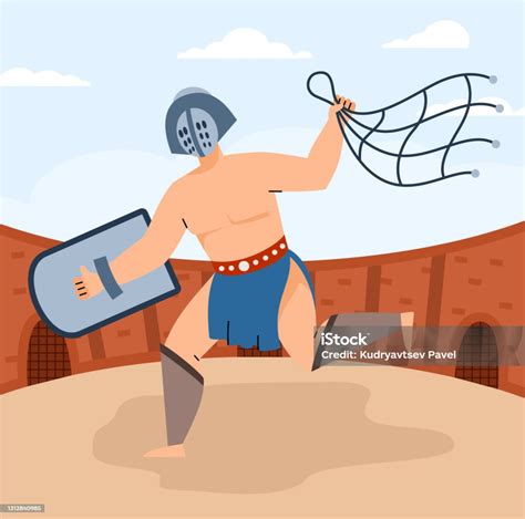 방패와 그물 만화 벡터 일러스트로 무장 그리스 또는 로마 검투사 검투사에 대한 스톡 벡터 아트 및 기타 이미지 검투사
