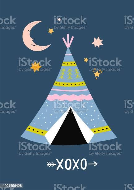 가위와 보헤미안 스타일의 어린이 일러스트 아이들을위한 귀여운 벡터 카드 에스닉 텐트 달 별이 있는 그래픽 프린트 보보스에 대한 스톡 벡터 아트 및 기타 이미지 Istock
