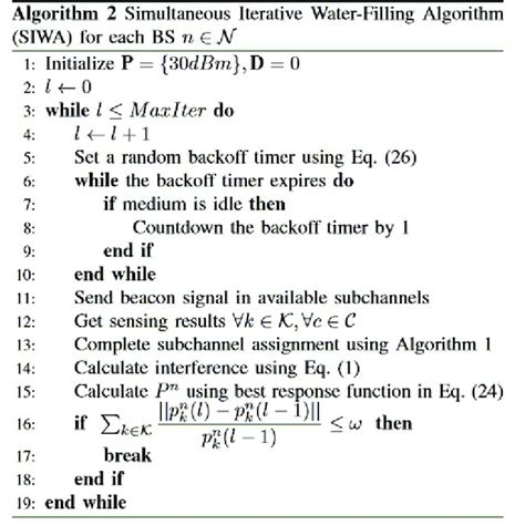 Simultaneous Iterative Water Filling Algorithm Siwa For Each Bs N ∈ N Download Scientific