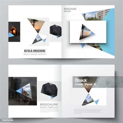 두 개의 표지 템플릿은 정사각형 디자인 폴드 브로셔 잡지 전단지 소책자에 대 한 벡터 레이아웃입니다 파란색 삼각형 및 삼각형