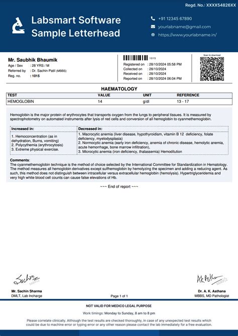Hemoglobin Hb Report Format Ms Word And Pdf