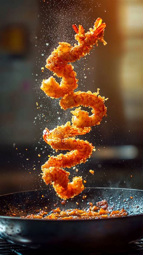 황금 갈색 튀긴 새우의 역동적인 이미지