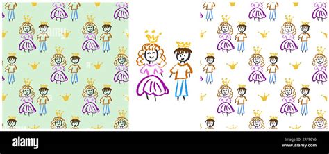 Fairytale Seamless Pattern Princess Prince Set Drawings With Wax