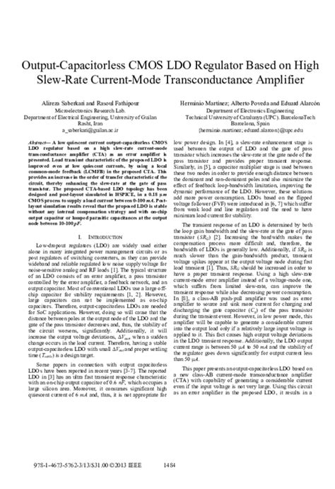 Pdf Output Capacitorless Cmos Ldo Regulator Based On High Slew Rate Current Mode