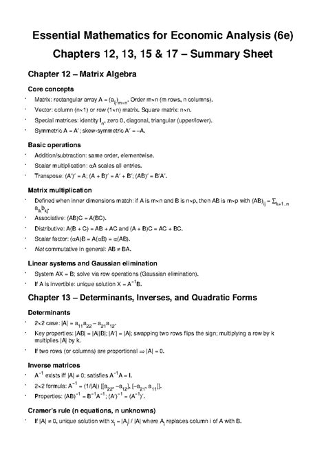 Essential Mathematics For Economic Analysis 6e Summary Of Chapters 12