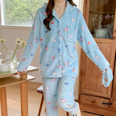 블루하트미니곰돌이캐릭터두꺼운 긴팔 겨울 잠옷 라운지웨어 세트 겨울잠옷 파자마