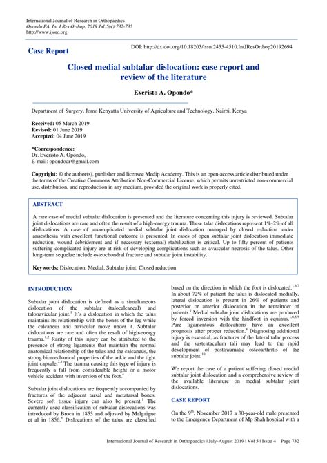 Pdf Closed Medial Subtalar Dislocation Case Report And Review Of The Literature