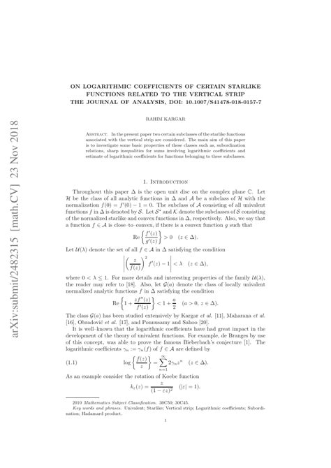 Pdf On Logarithmic Coefficients Of Certain Starlike Functions Related To The Vertical Strip
