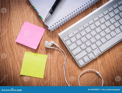Office Table With Notepad Computer Keyboard Coffee Cup Pen
