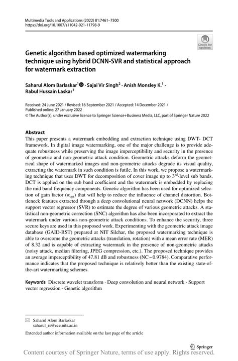Genetic Algorithm Based Optimized Watermarking Technique Using Hybrid Dcnn Svr And Statistical