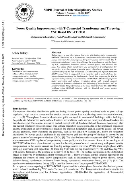 Pdf Power Quality Improvement With T Connected Transformer And Three Leg Vsc Based Dstatcom